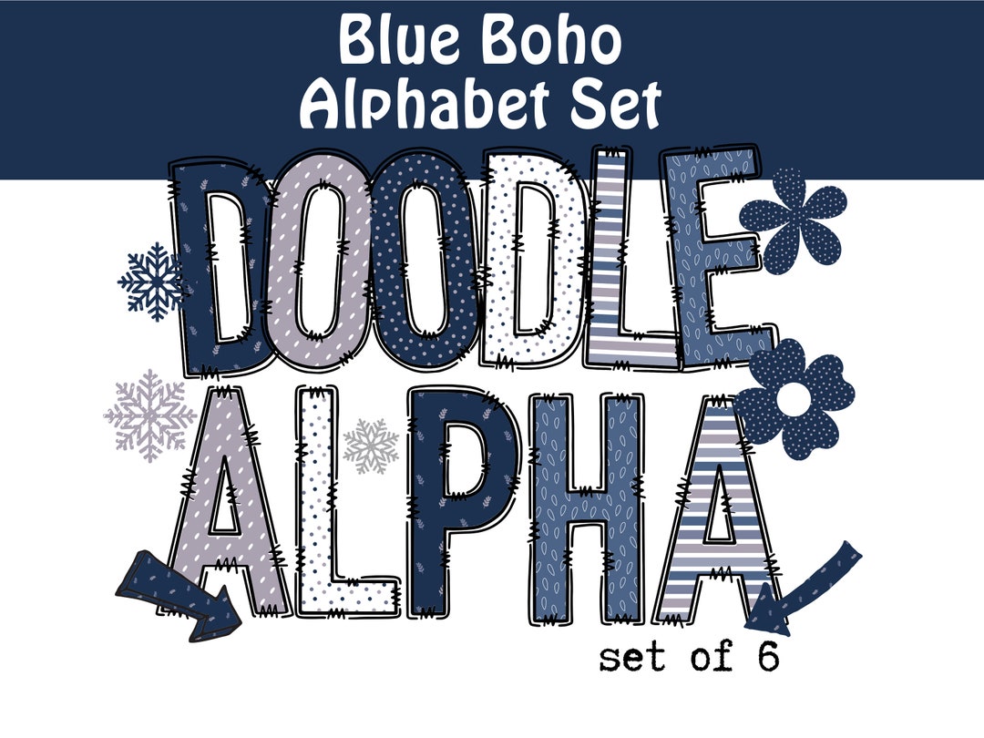 Blue Boho Doodle Letters + Clip Art, Uppercase Alphabet Set, Blue ...
