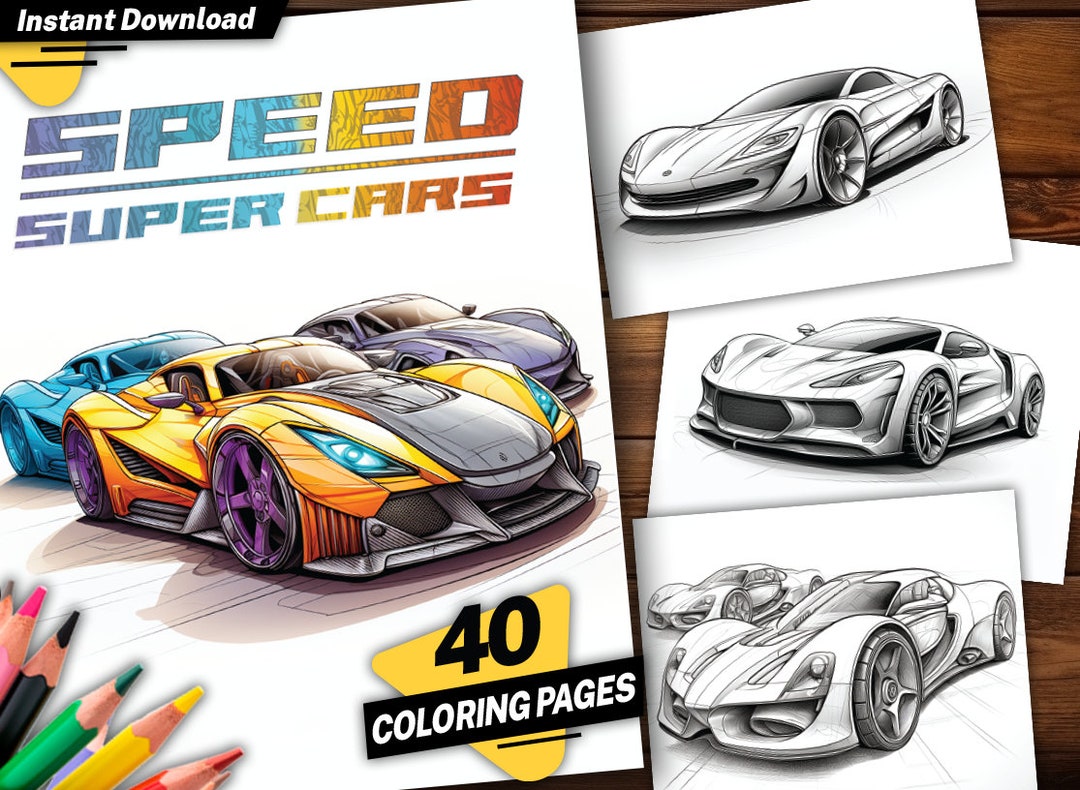 Speed Super Cars Coloring Pages for Adults and for Kids Grayscale ...
