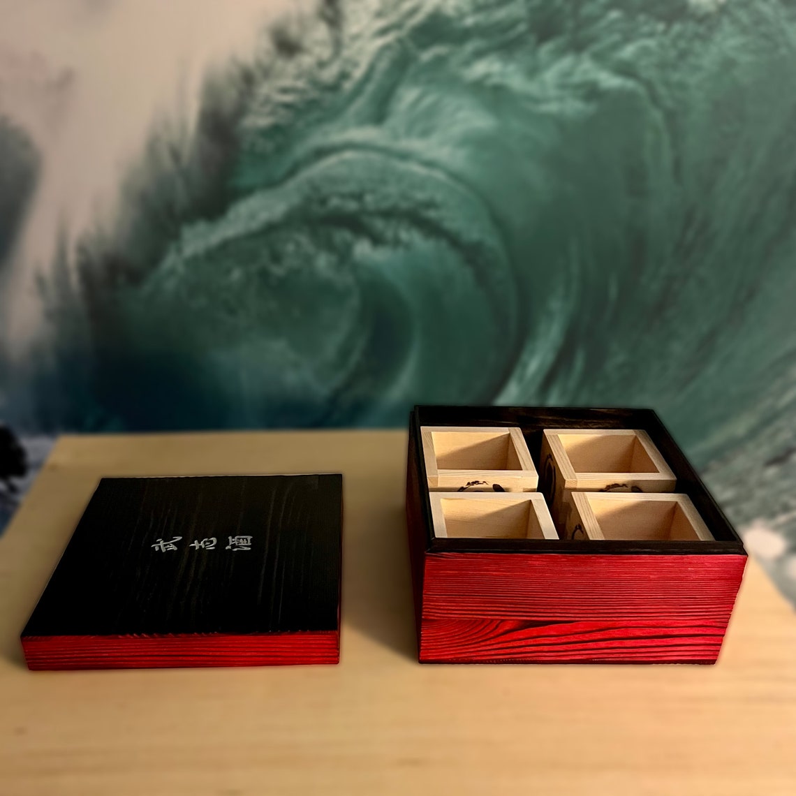 Handcrafted Red Yakisugi/shou Sugi Ban Wood Box Set With Masu Sake Cups ...