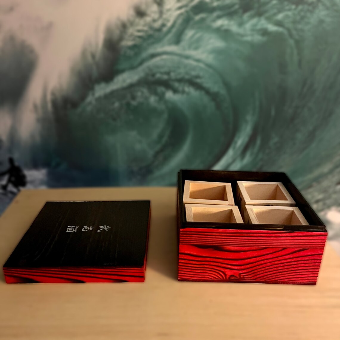 Handcrafted Red Yakisugi/shou Sugi Ban Wood Box Set With Masu Sake Cups ...