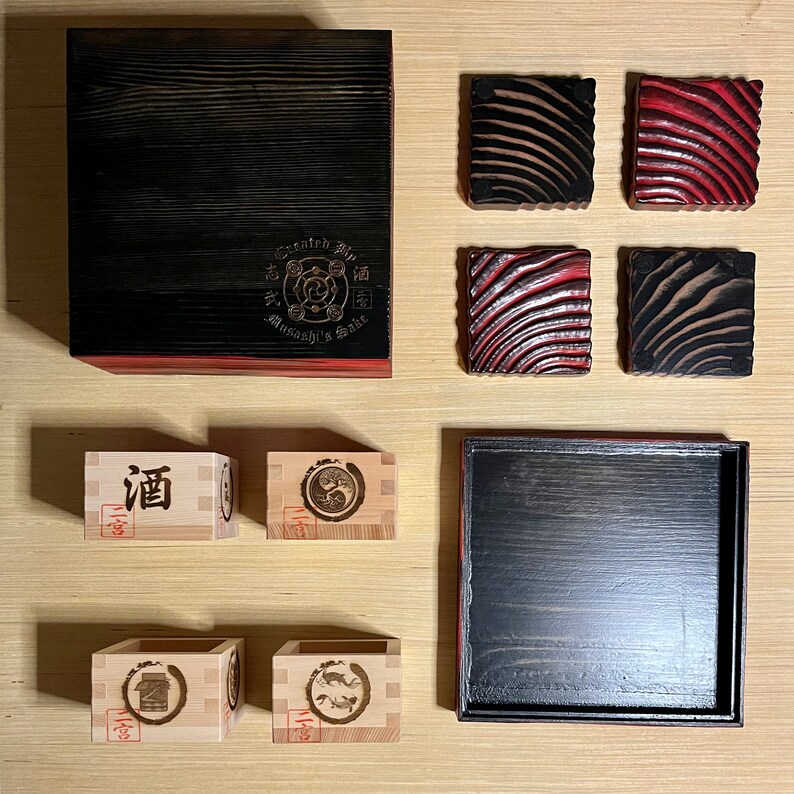 Handcrafted Red Yakisugi/shou Sugi Ban Wood Box Set With Masu Sake Cups ...