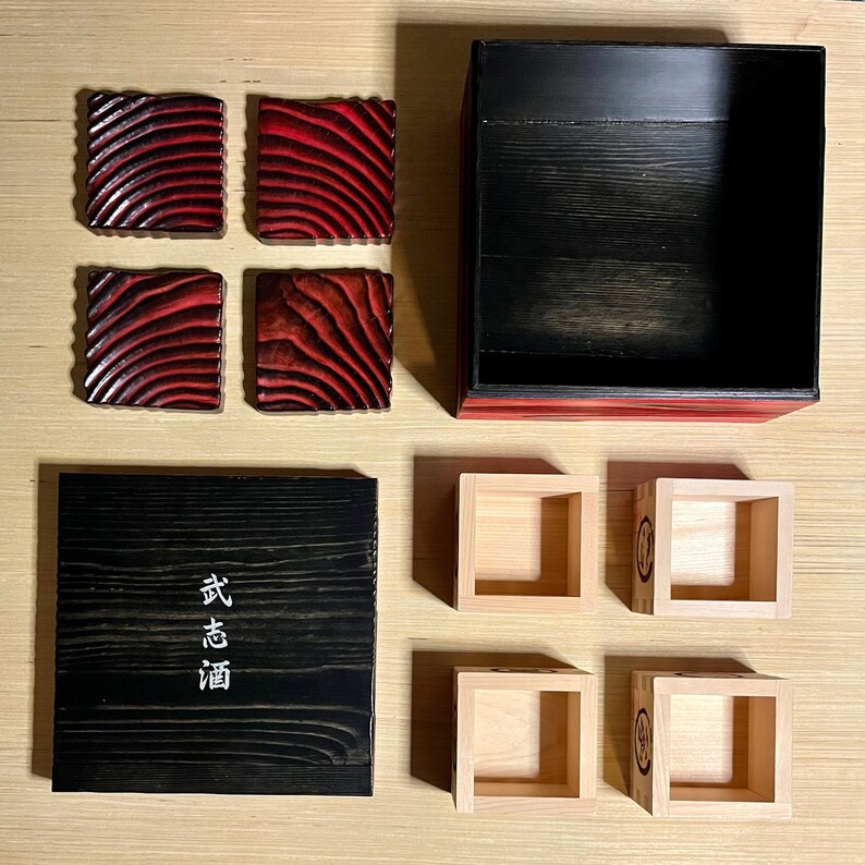 Handcrafted Red Yakisugi/shou Sugi Ban Wood Box Set With Masu Sake Cups ...