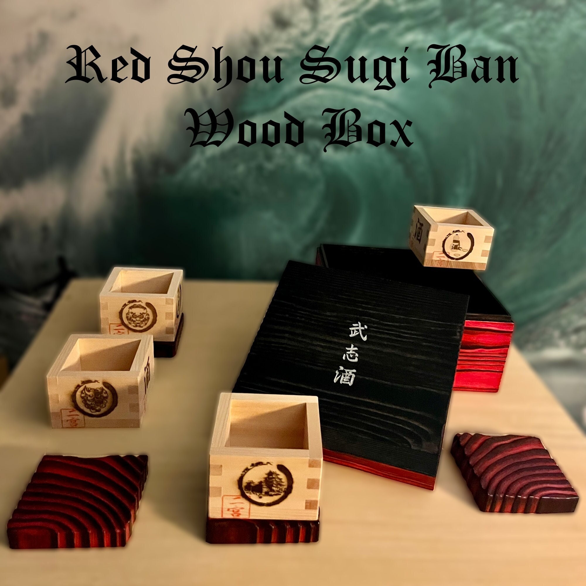 Handcrafted Red Yakisugi/shou Sugi Ban Wood Box Set With Masu Sake Cups ...