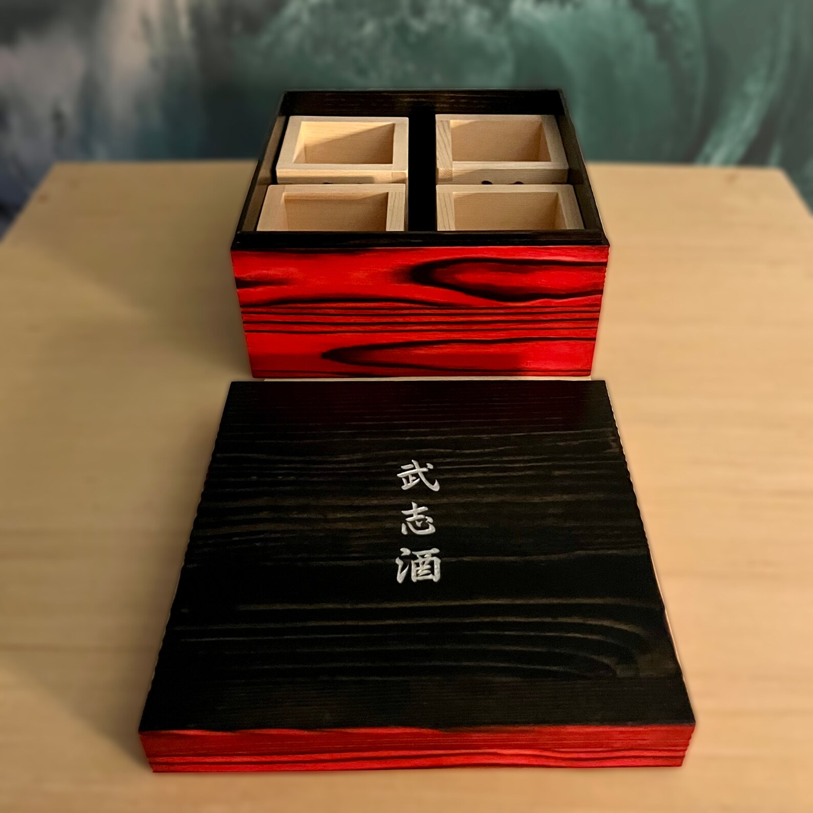 Handcrafted Red Yakisugi/shou Sugi Ban Wood Box Set With Masu Sake Cups ...