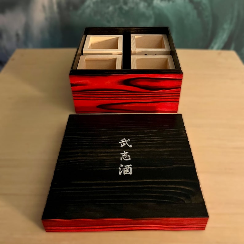 Handcrafted Red Yakisugi/shou Sugi Ban Wood Box Set With Masu Sake Cups ...