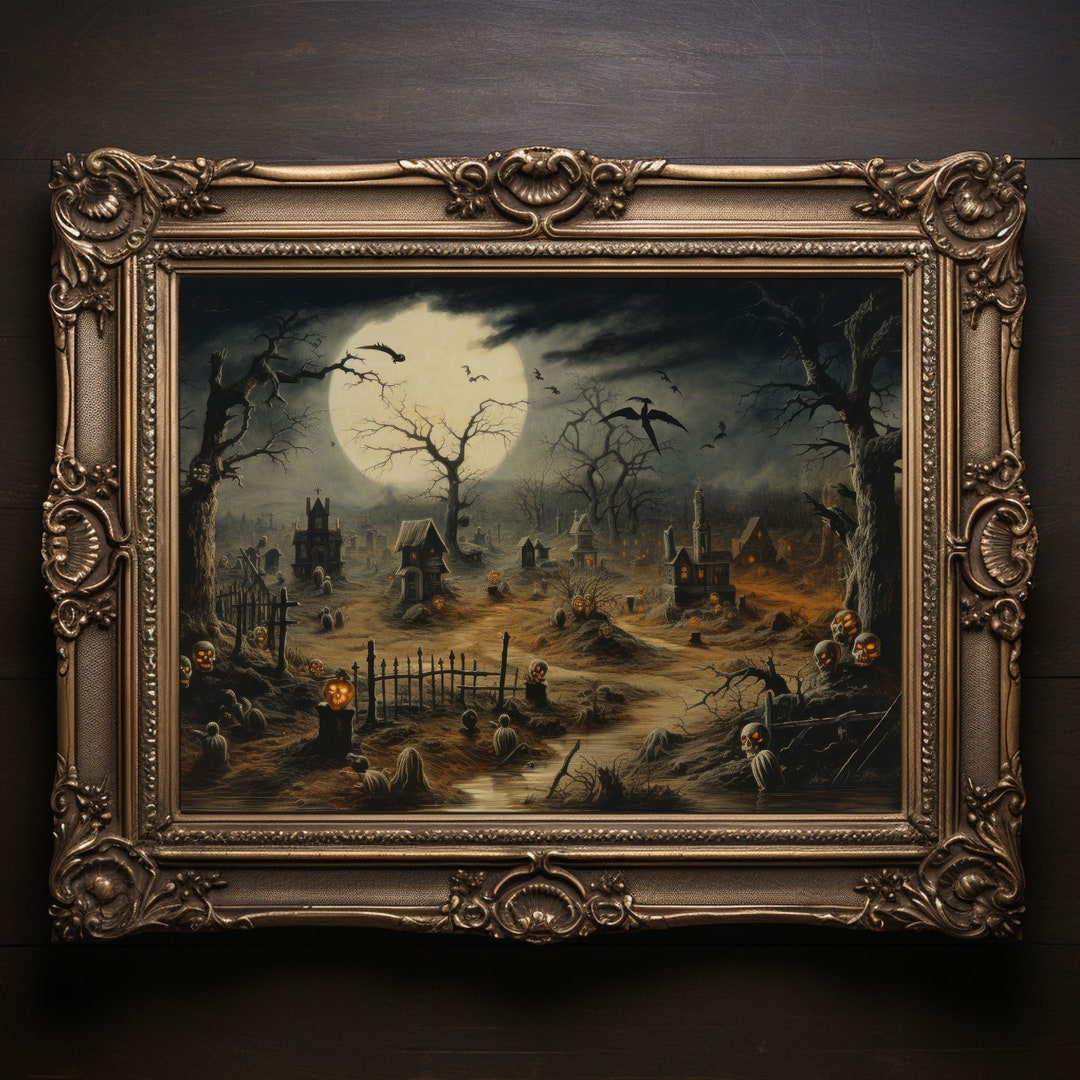 PRINTABLE Halloween Graveyard Vintage Print, Halloween Wall Art, Spooky ...