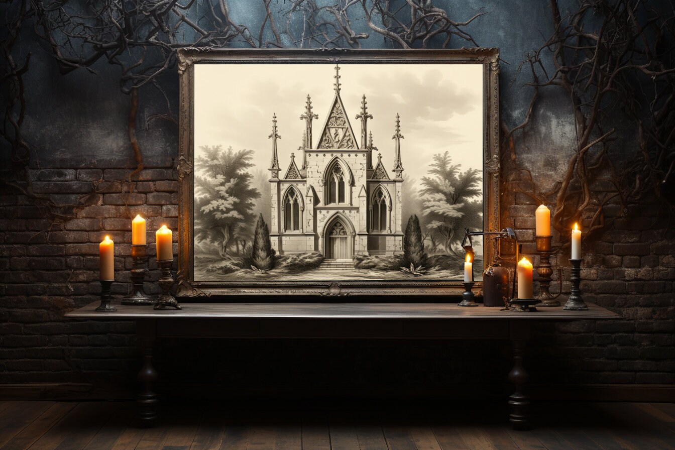 PRINTABLE Halloween Church Vintage Print, Graveyard Wall Art, Spooky ...
