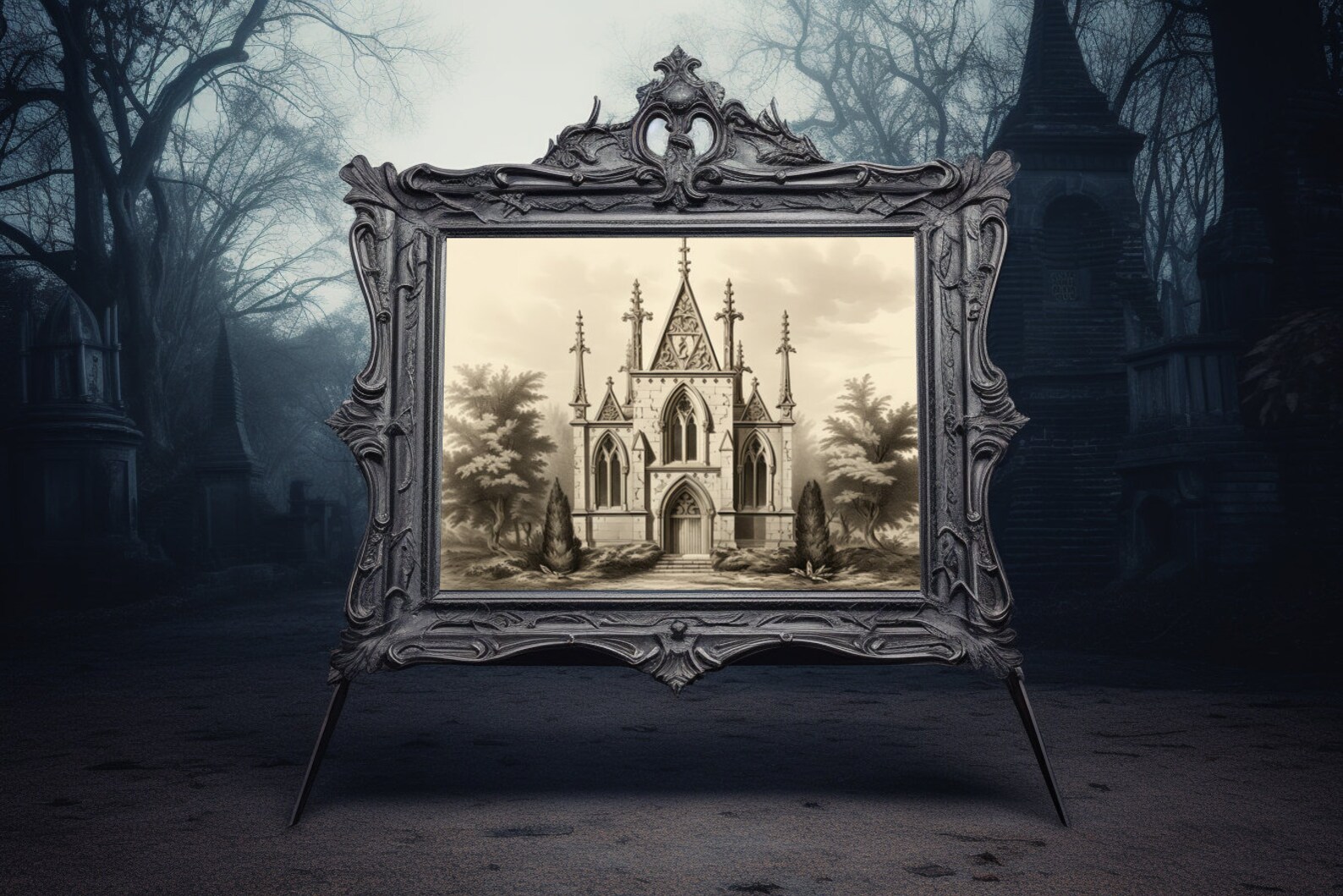 PRINTABLE Halloween Church Vintage Print, Graveyard Wall Art, Spooky ...