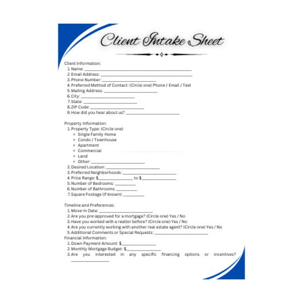 Client Intake Form Real Estate - Etsy