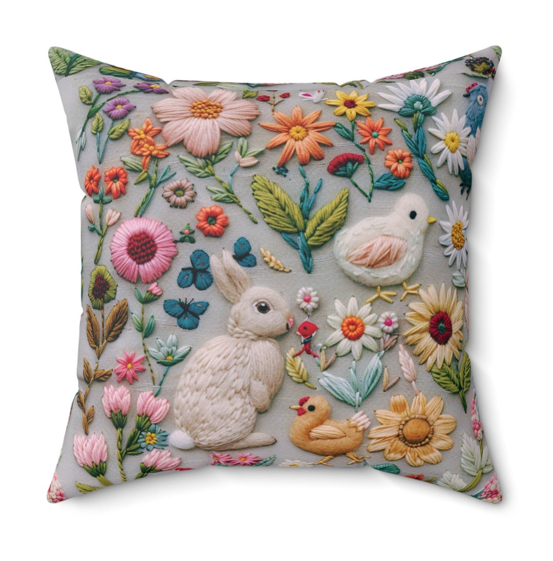 Easter Bunny and Chick Accent Pillow | Cottagecore Throw Cushion ...