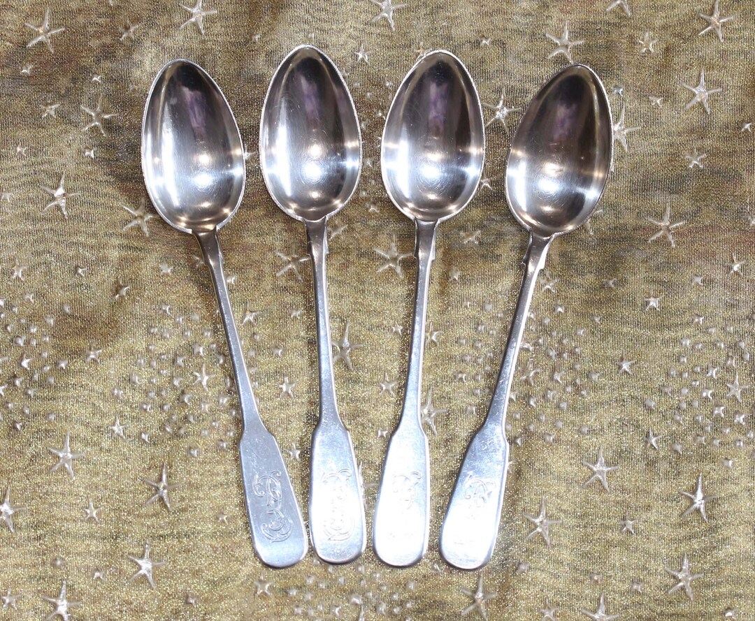 Set of Four Large Fiddleback Pattern Russian 875 Silver Teaspoons ...