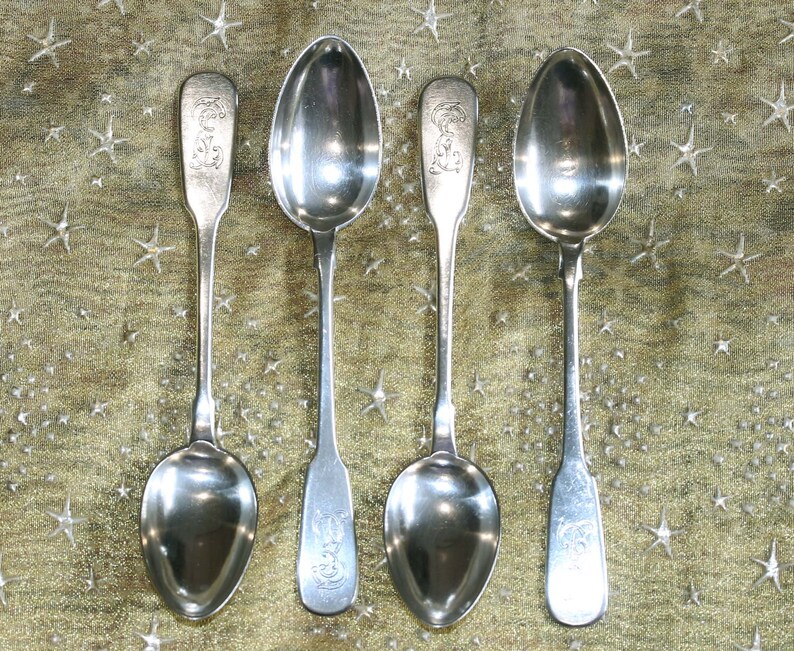 Set of Four Large Fiddleback Pattern Russian 875 Silver Teaspoons ...