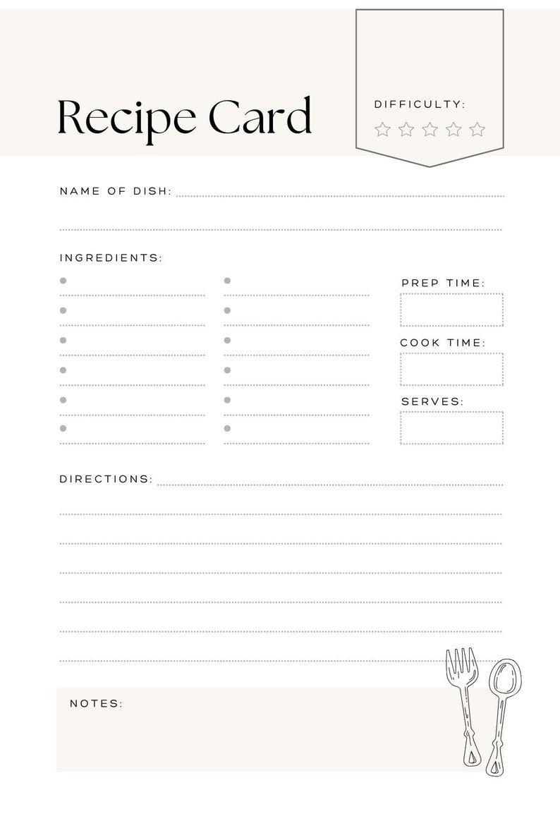 Printable Recipe Card, Instant Download, Daily Recipe Card, Recipe Maker, Recipe PDF, Printable ...