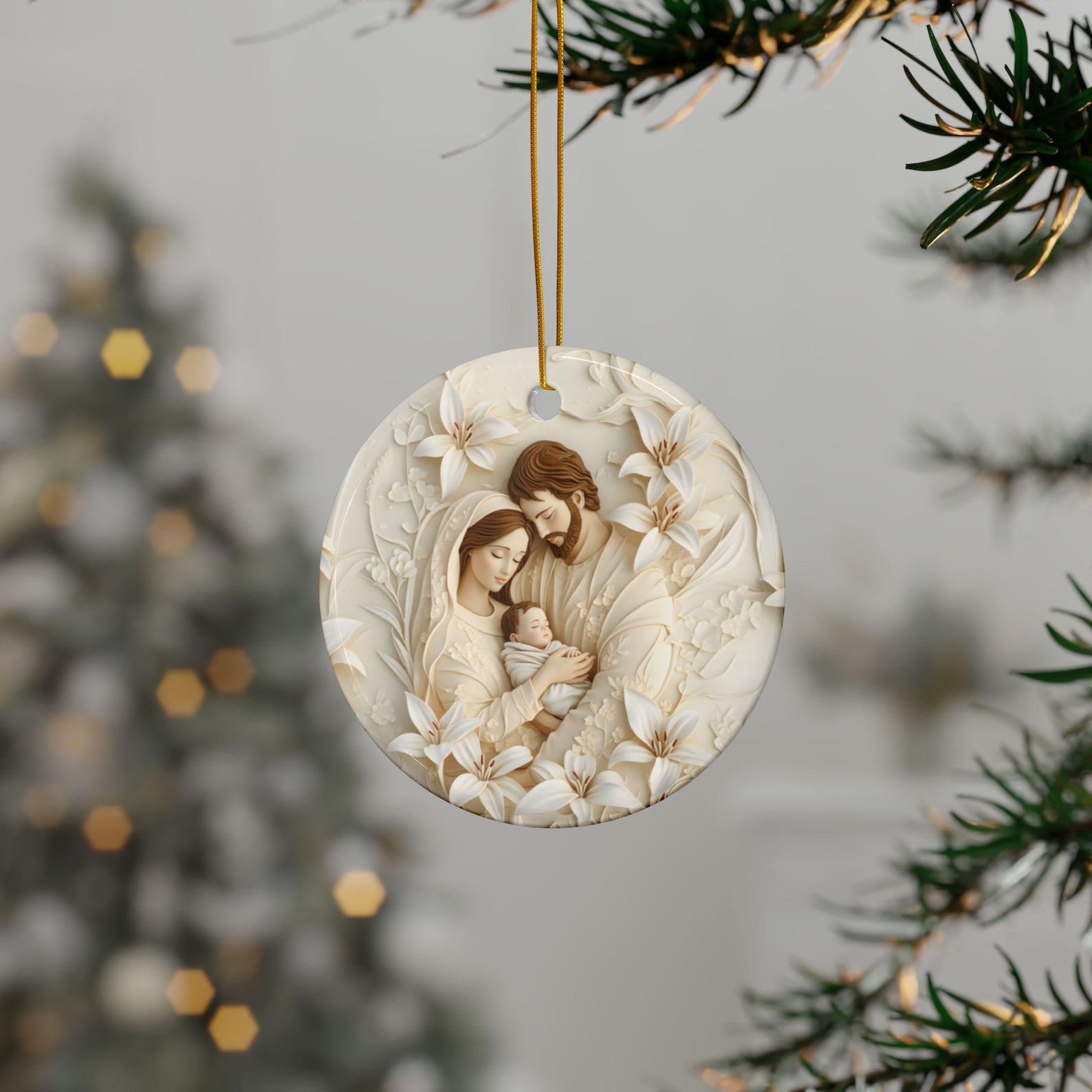 Holy Family Lilies Nativity Scene Elegant Ivory Style Ceramic Ornament ...
