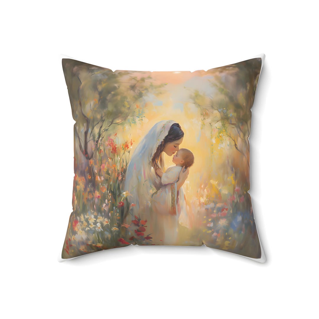 Young Virgin Mary & Sleeping Baby Jesus Garden Flowers Catholic Pillow ...