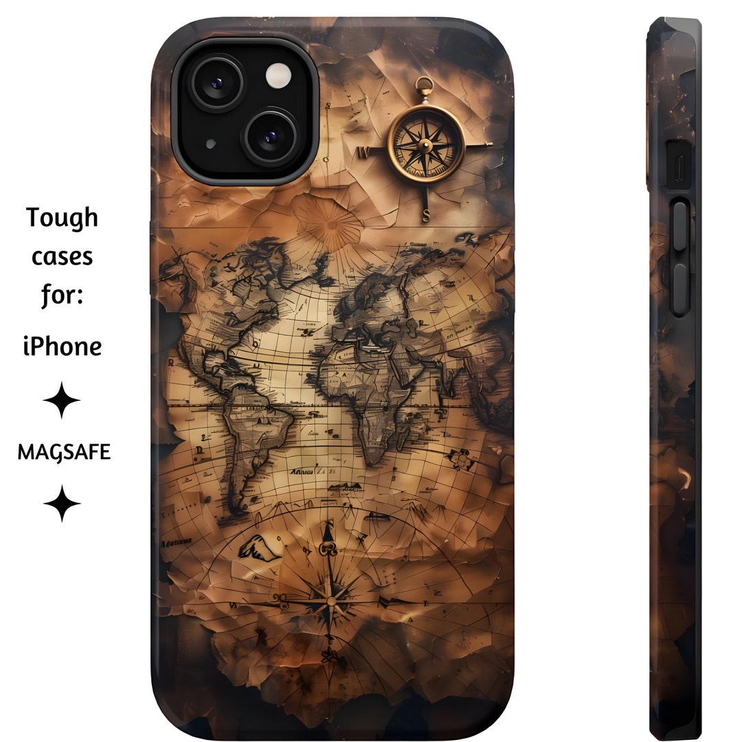 MAGSAFE Vintage World Map & Compass Tough iPhone Case, Antique Old ...