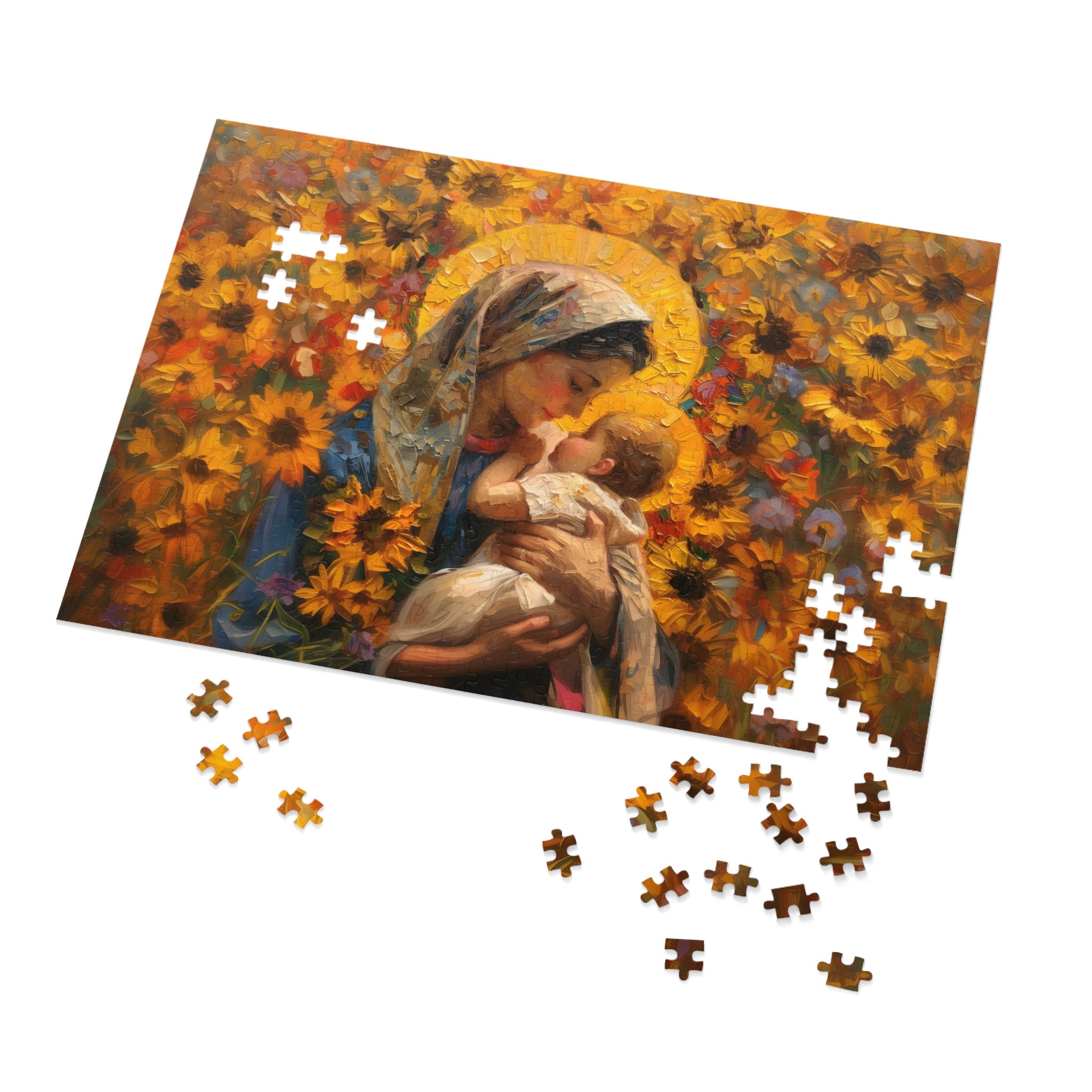 Virgin Mary and Jesus Flowers Jigsaw Puzzle, Catholic Mary Art Puzzle ...