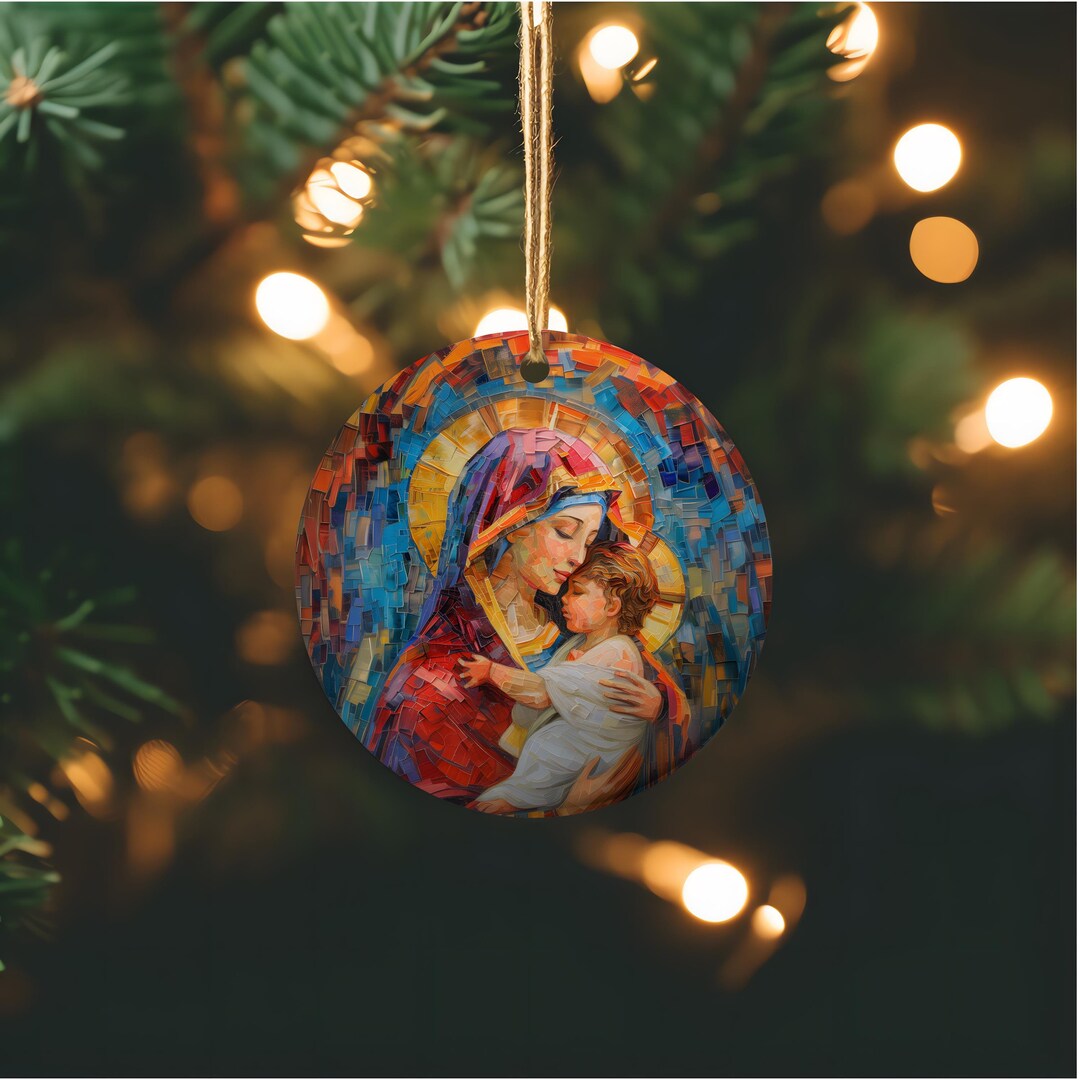 Virgin Mary and Baby Jesus Mosaic Ornament, Madonna and Child Hug ...
