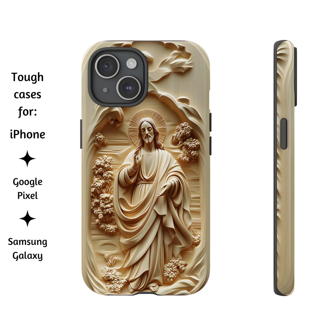 Jesus Christ Wood Carving Style Catholic Phone Case, Jesus Christ ...