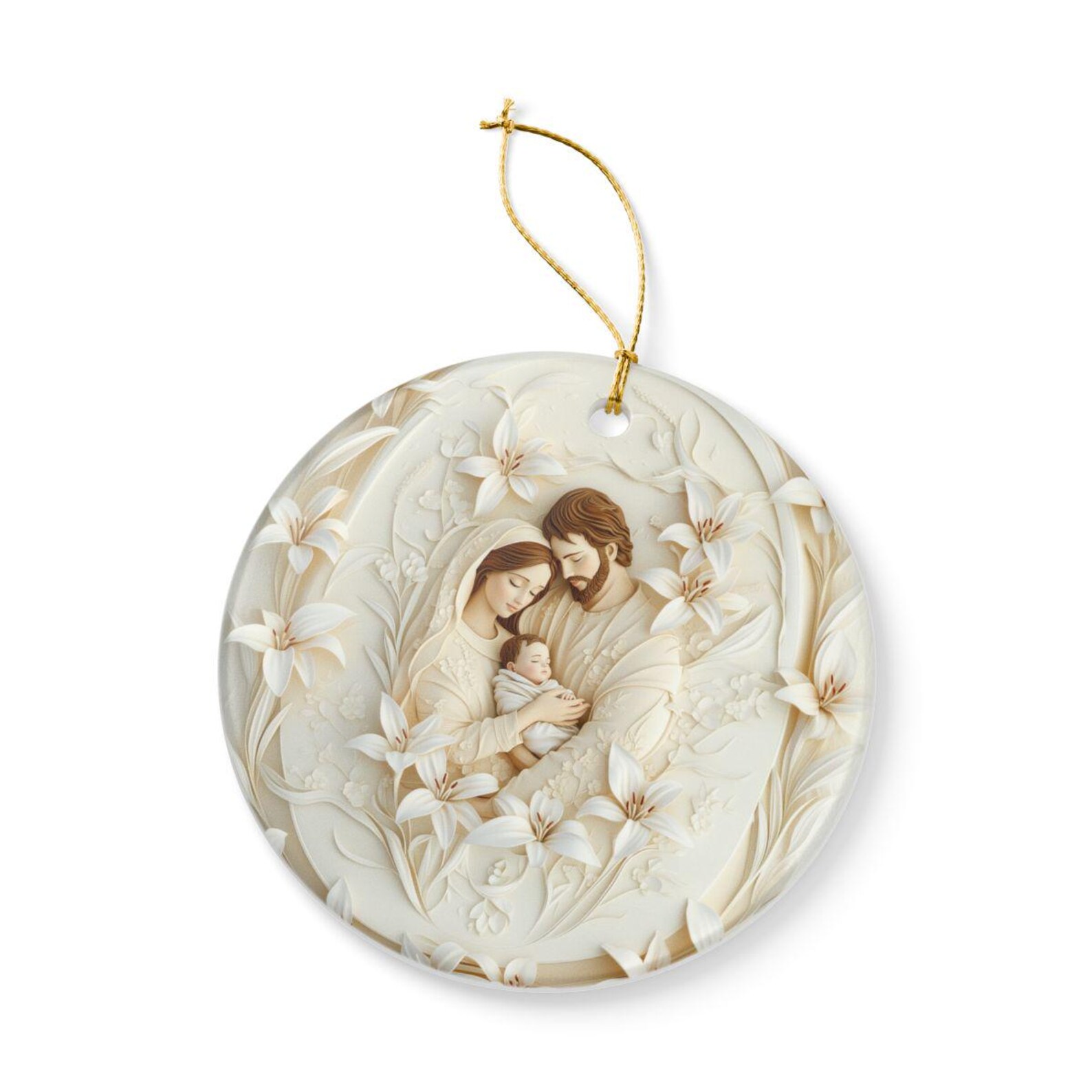 Holy Family Lilies Nativity Scene Elegant Ivory Style Ceramic Ornament ...