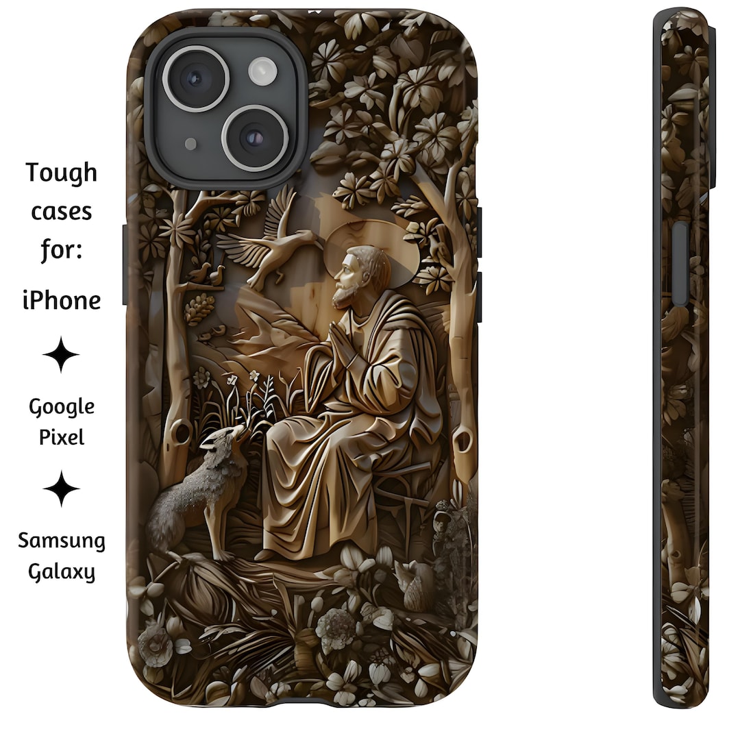 St. Francis of Assisi Wood Carving Style Catholic Phone Case, Patron ...
