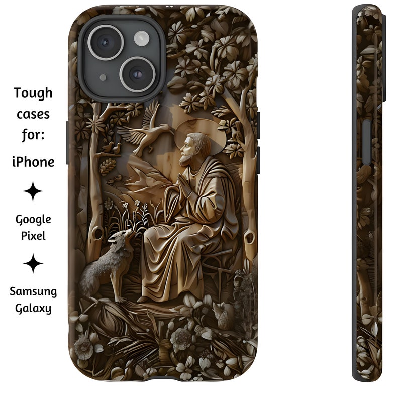 St. Francis of Assisi Wood Carving Style Catholic Phone Case, Patron ...