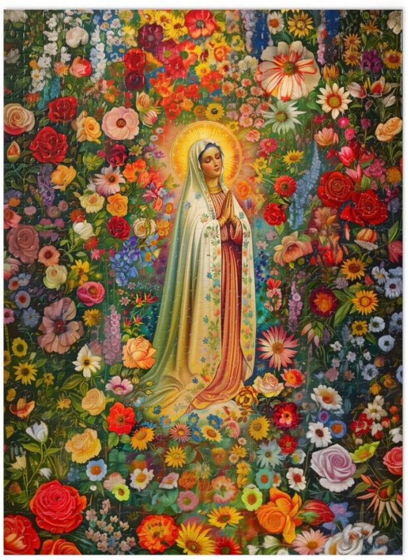 Our Lady of Fatima Jigsaw Puzzle, Catholic Mary Floral Art Puzzle for ...