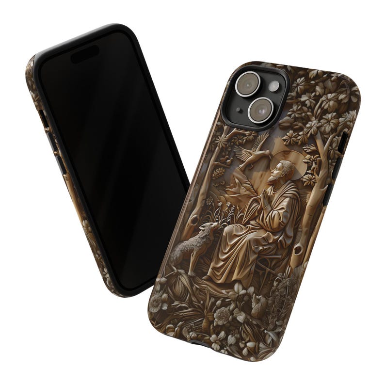 St. Francis of Assisi Wood Carving Style Catholic Phone Case, Patron ...