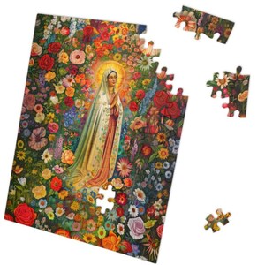 Our Lady of Fatima Jigsaw Puzzle, Catholic Mary Floral Art Puzzle for ...