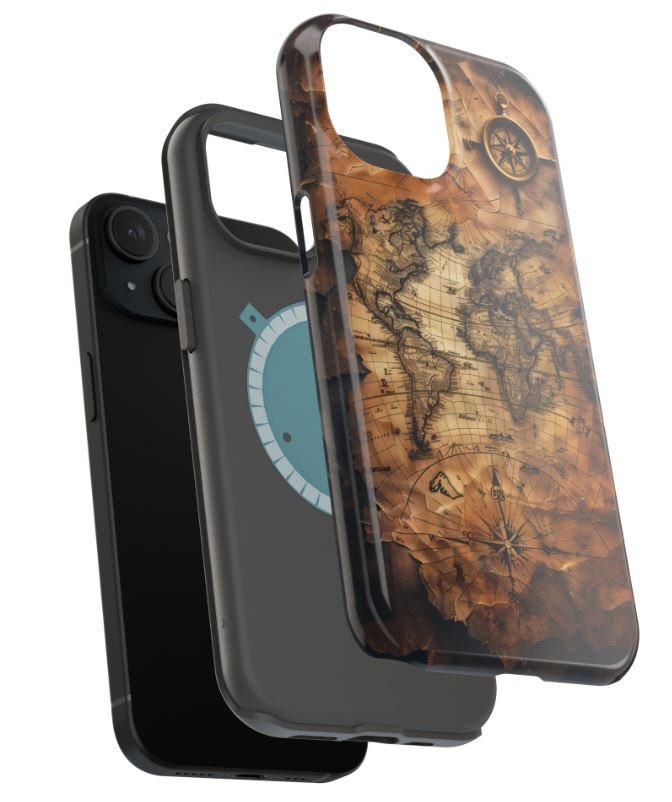MAGSAFE Vintage World Map & Compass Tough iPhone Case, Antique Old ...