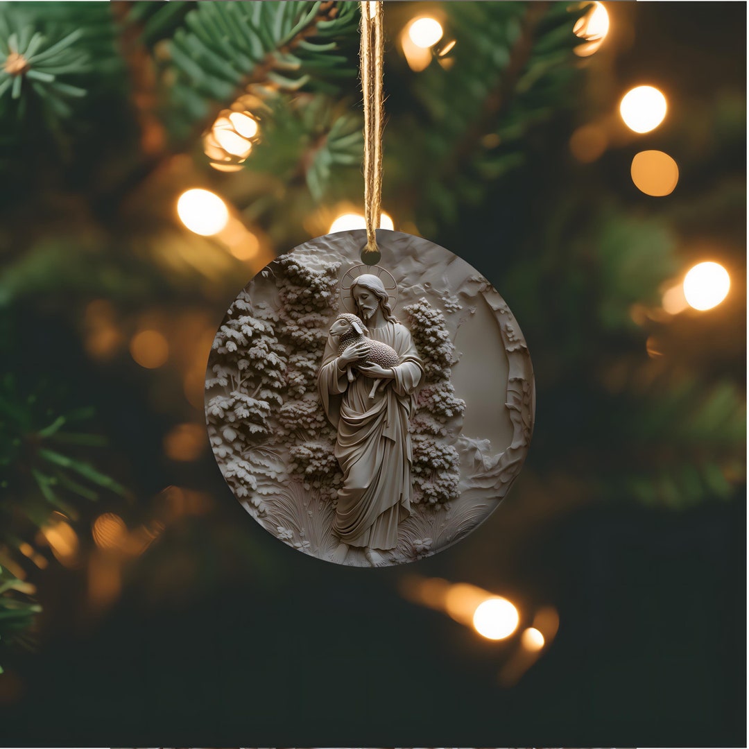 Jesus Christ Holding Lamb Catholic Ornament, Beautiful 3D Relief Style ...