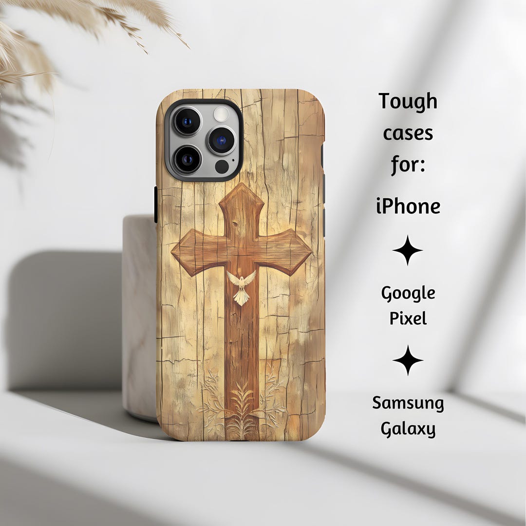 Wooden Cross Simple Catholic Phone Case, Holy Spirit Dove Christian ...