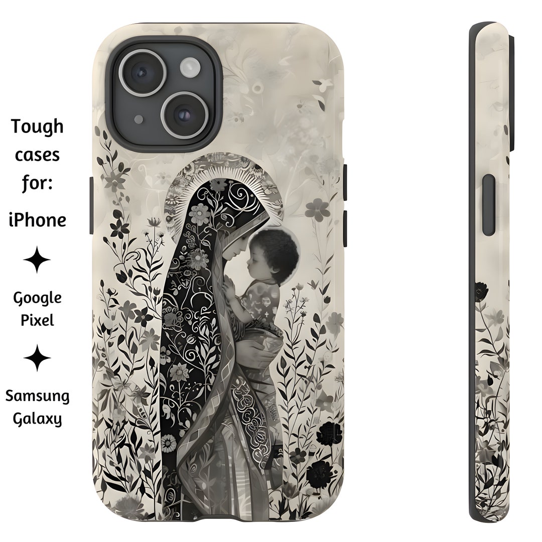 Madonna and Child Ink Drawing Floral Catholic Phone Case, Elegant ...