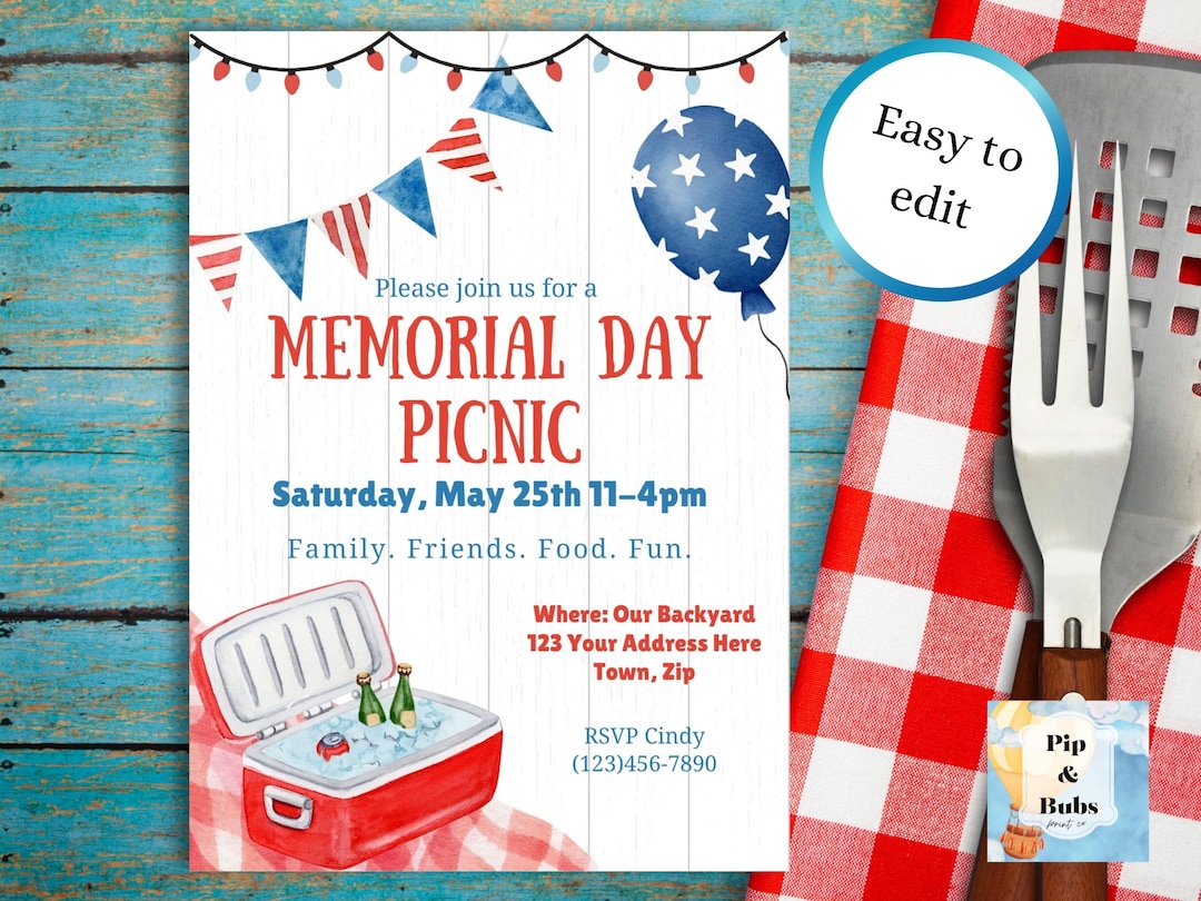 Memorial Day Picnic Editable Invitation Digital Download Patriotic ...