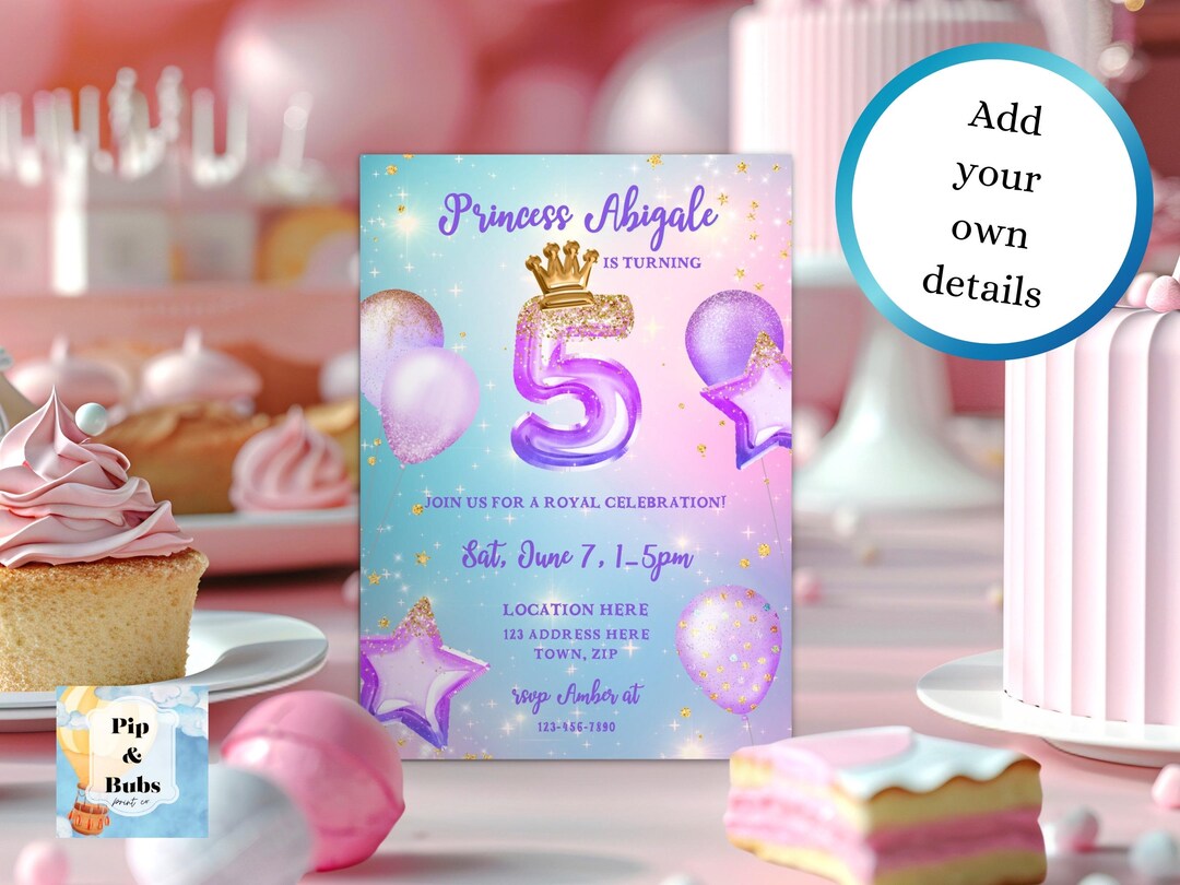 Princess 5th Birthday Invitation: Watercolor Foil Balloon (canva ...
