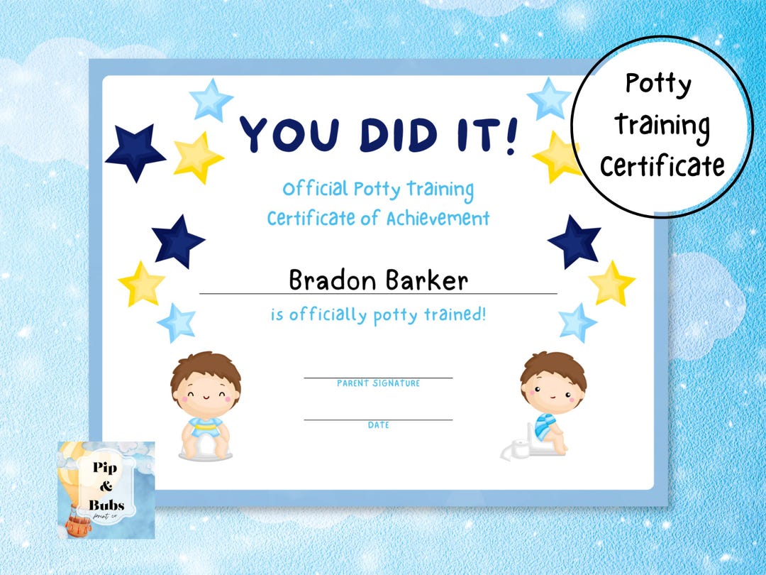 Boys Potty Training Certificate Printable Award PDF Instant Download - Etsy