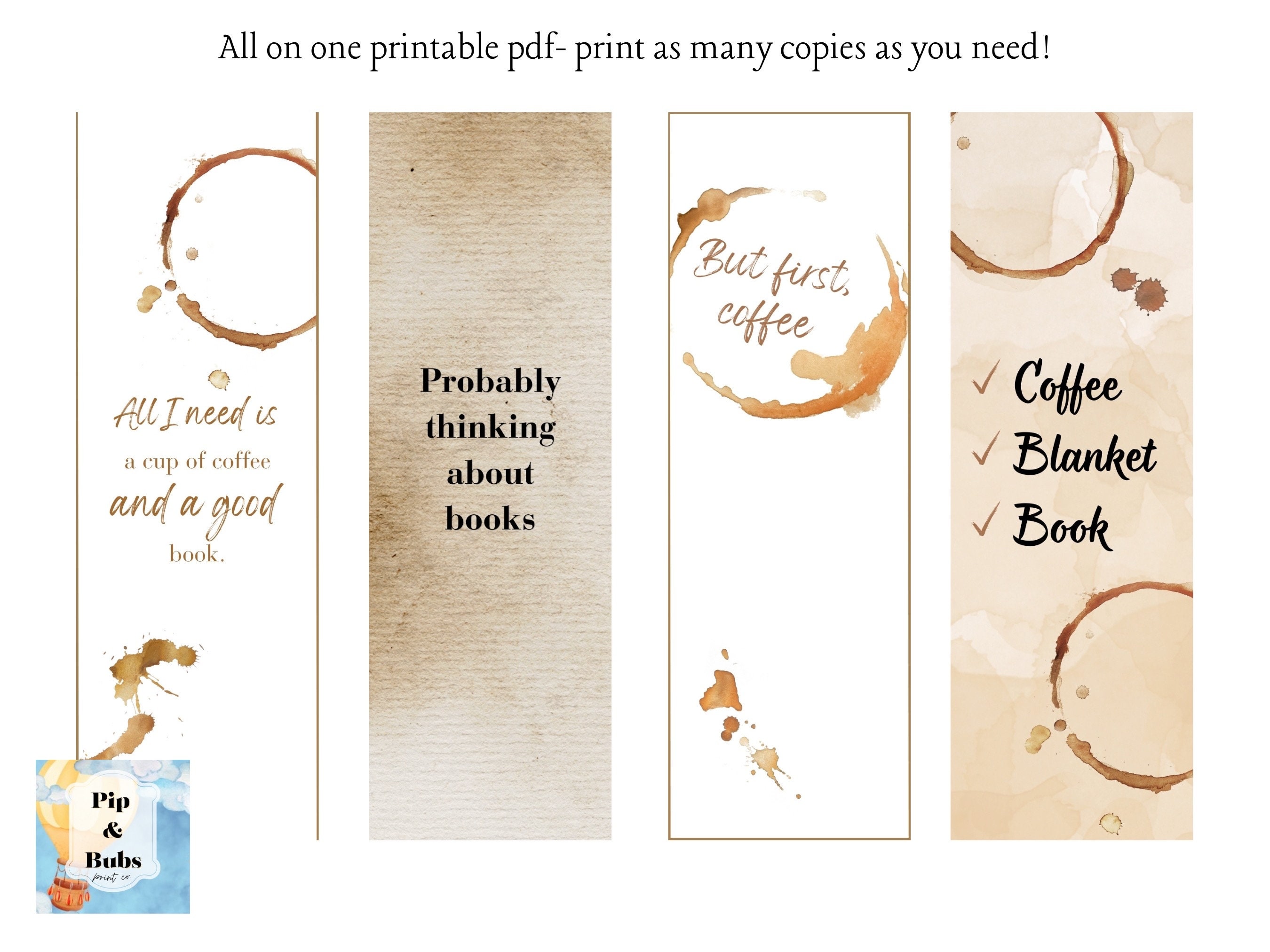 Coffee and Books Printable Bookmarks Set of 4 Coffee Lovers Gift for ...