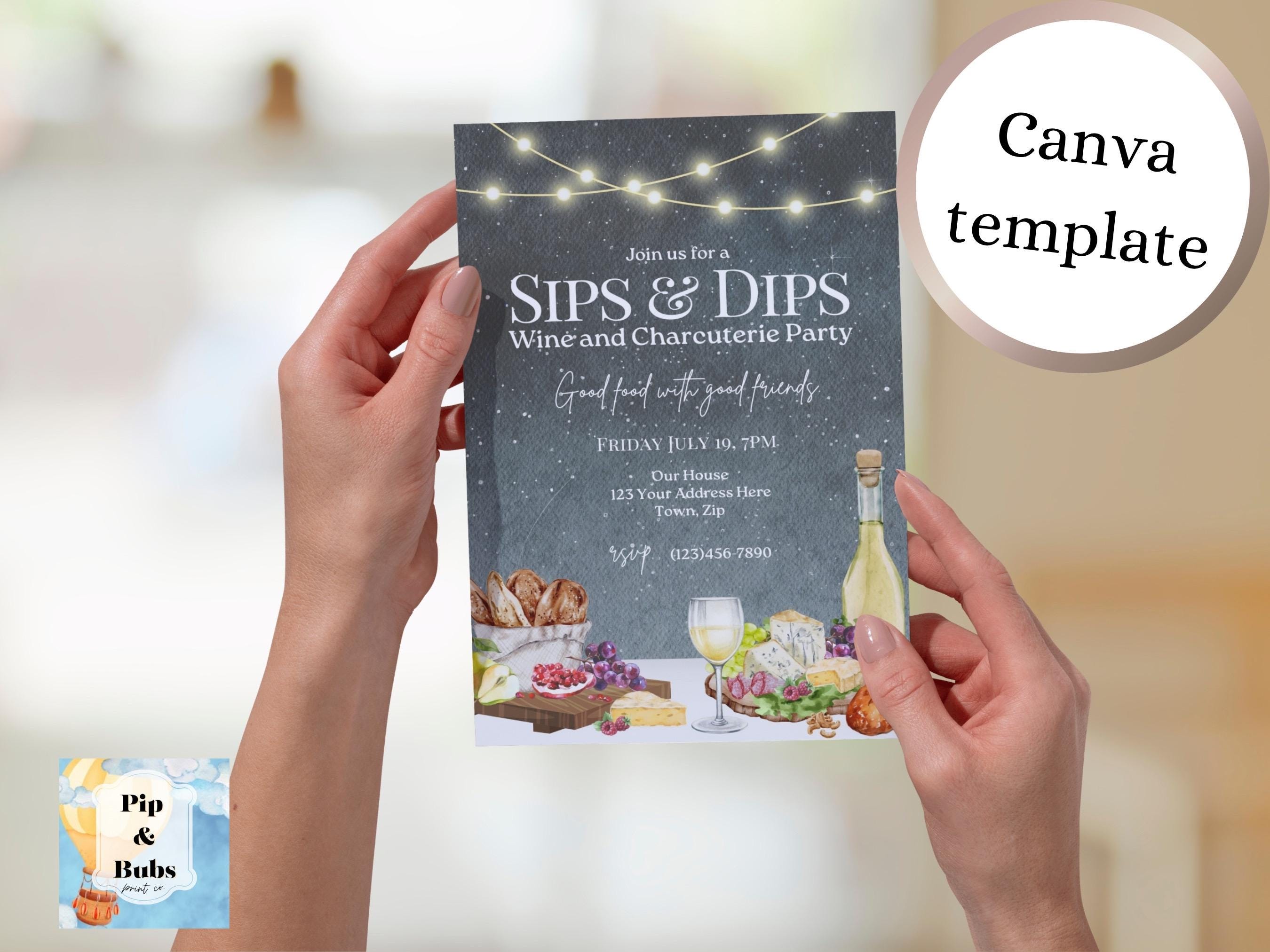 Charcuterie Party Editable Invitation Sips and Dips Invite Wine Snacks ...