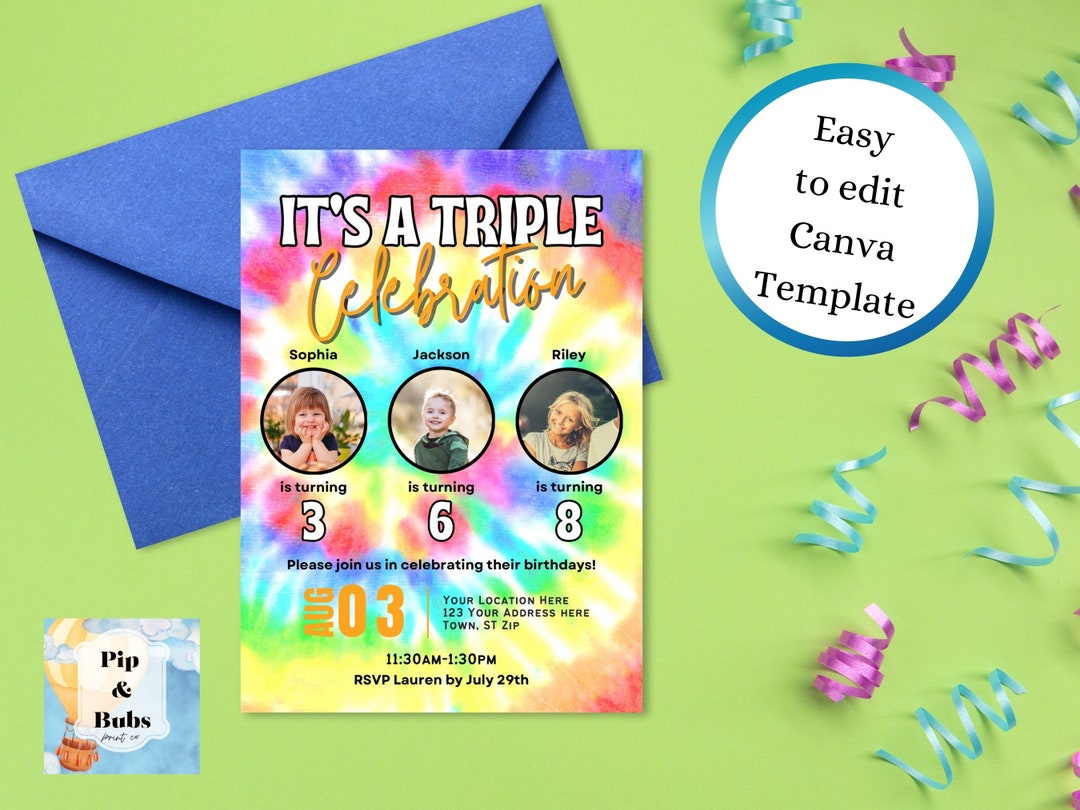 Triple Birthday Sibling Editable Invitation Tie Dye Party Theme Canva ...