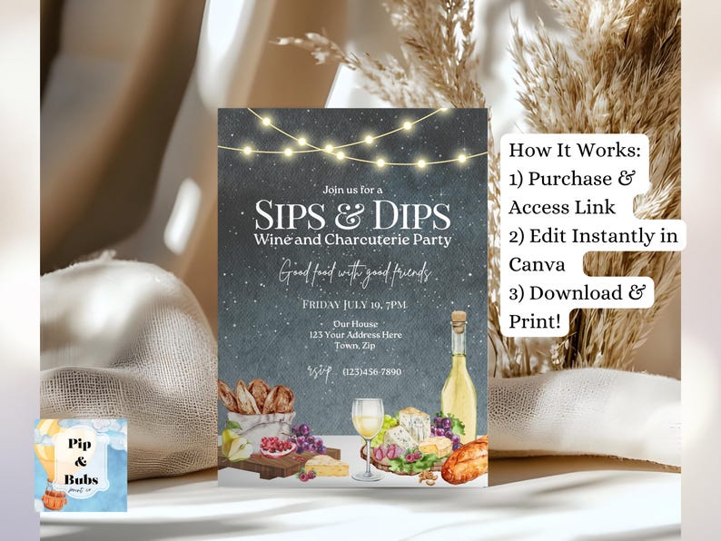 Charcuterie Party Editable Invitation Sips and Dips Invite Wine Snacks ...