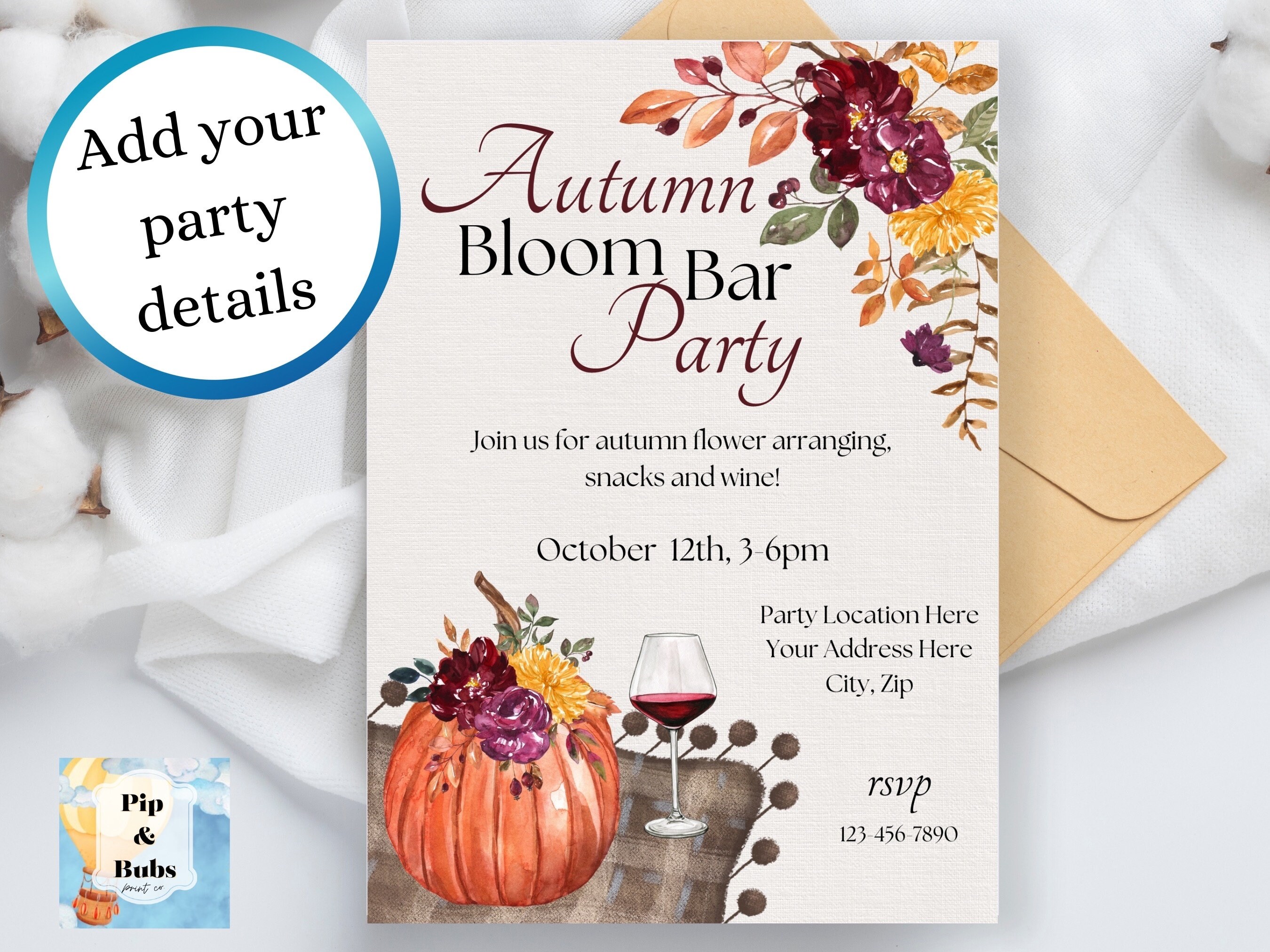 Bloom Bar Editable Invitation Autumn Fall Themed Flower Arrangement ...