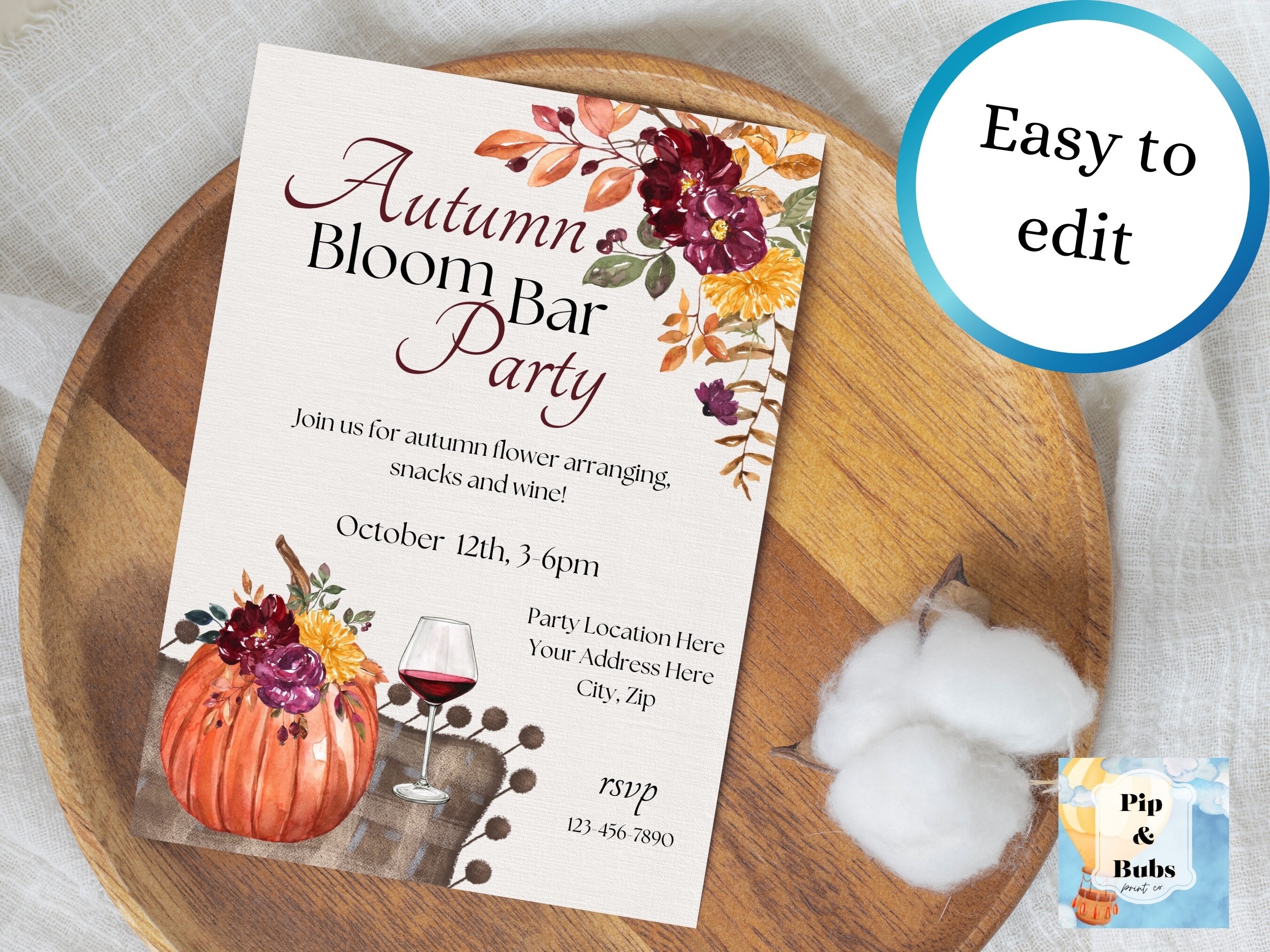Bloom Bar Editable Invitation Autumn Fall Themed Flower Arrangement ...