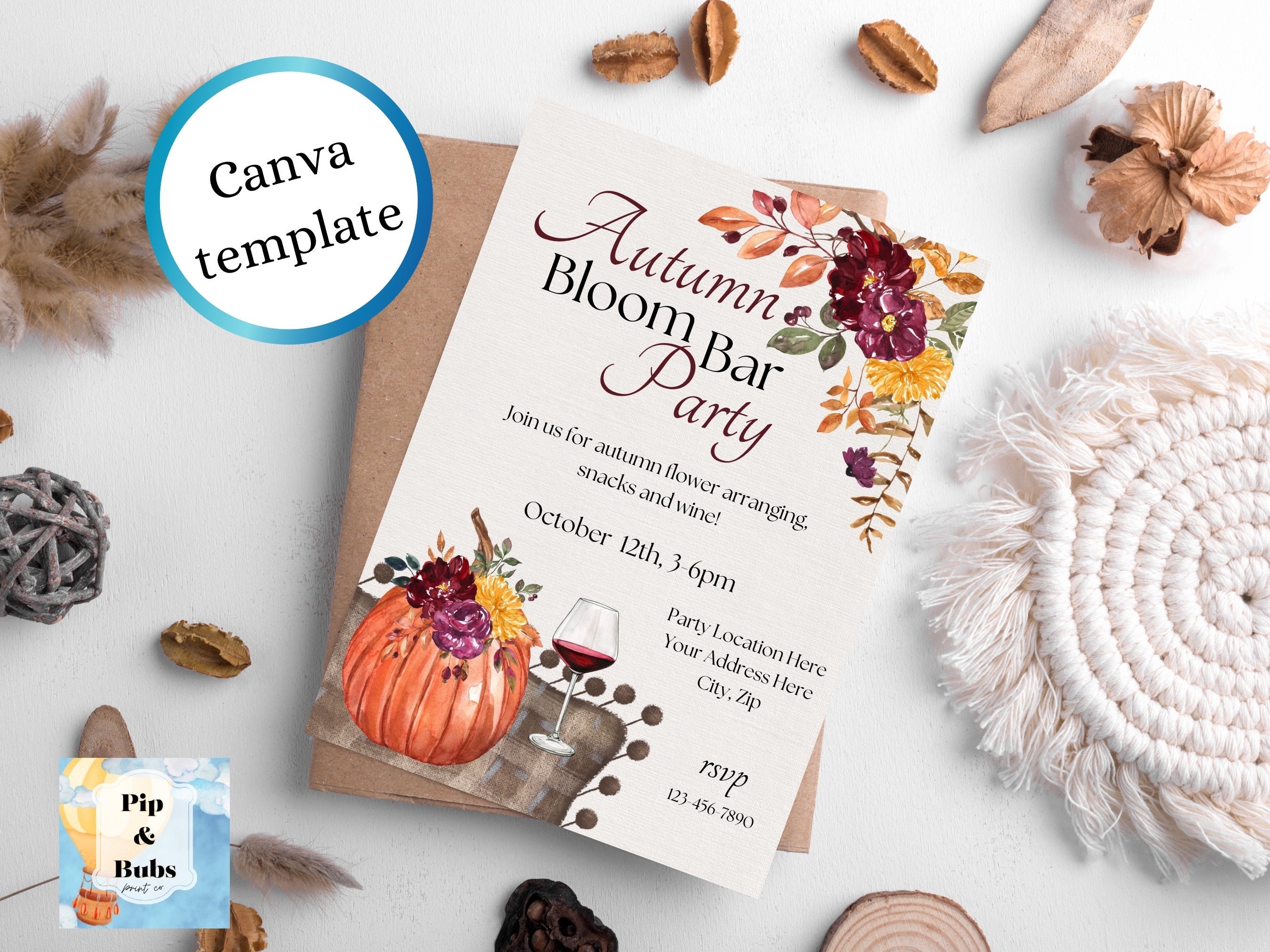 Bloom Bar Editable Invitation Autumn Fall Themed Flower Arrangement ...