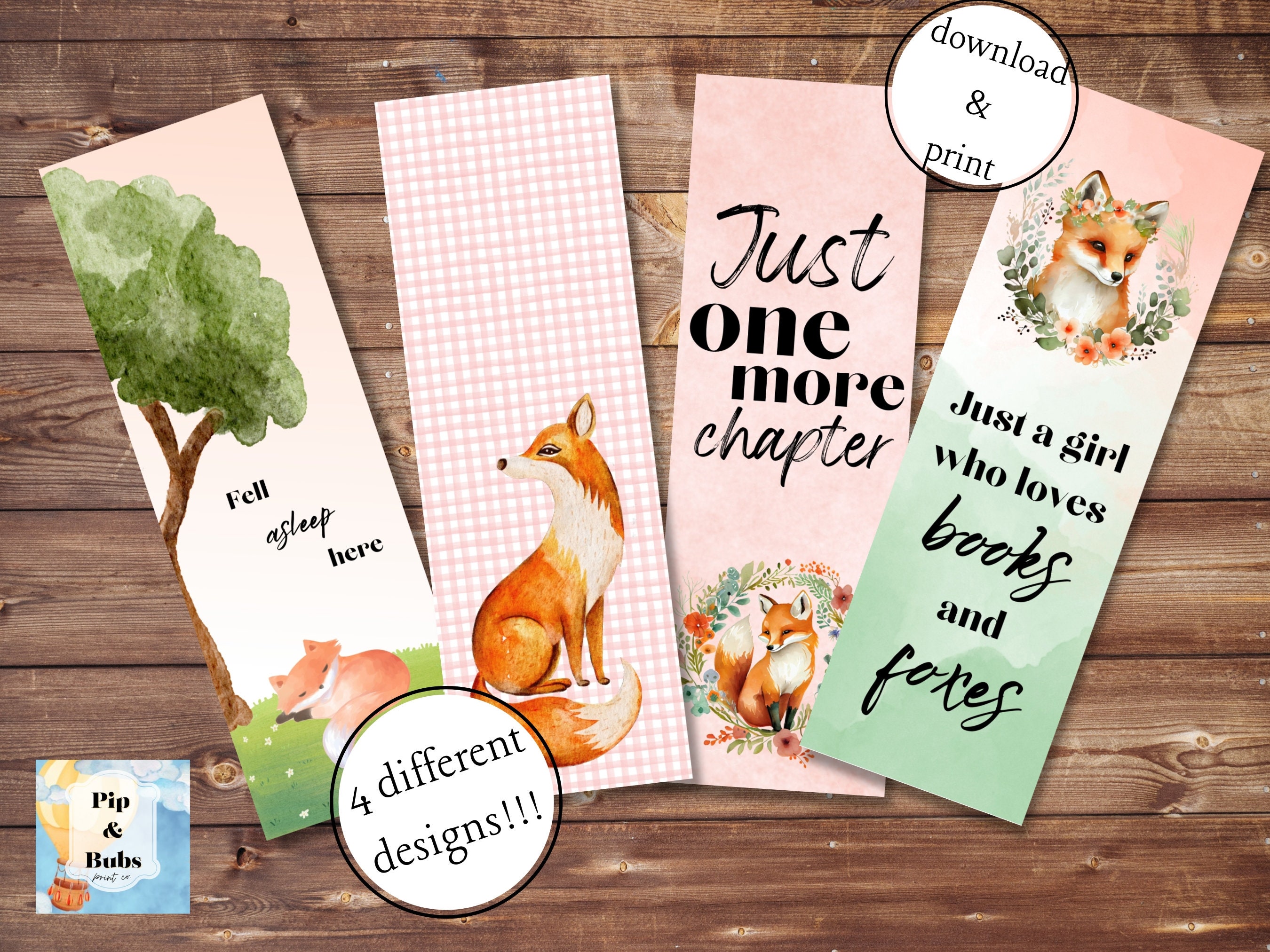 Fox Printable Bookmarks Set of 4 Watercolor Foxes on Peach Background ...