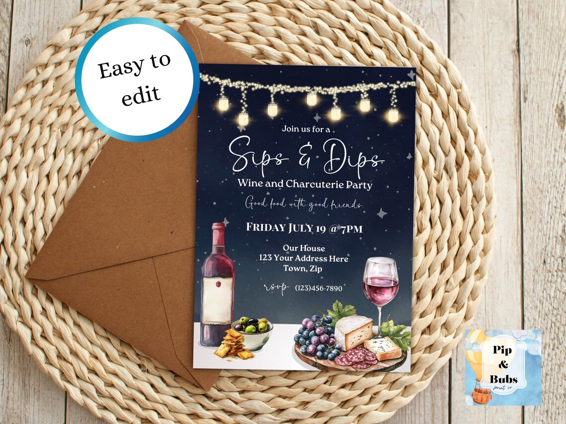 Charcuterie Party Invitation: Sips and Dips, Editable Canva Template ...