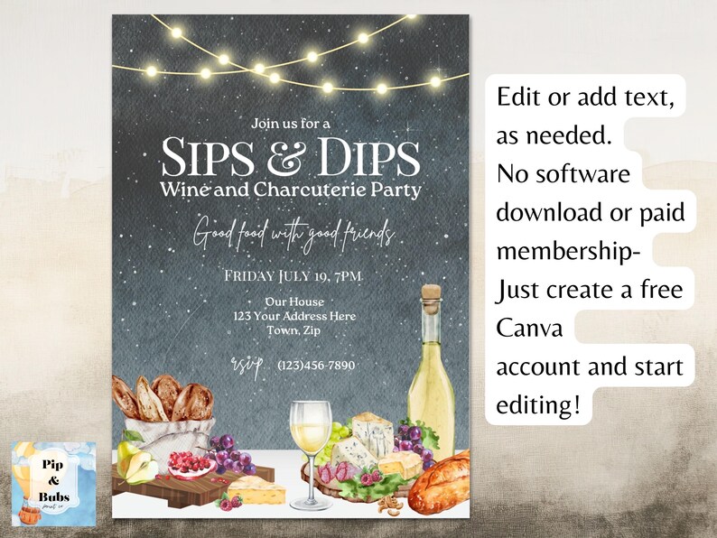 Charcuterie Party Editable Invitation Sips and Dips Invite Wine Snacks ...