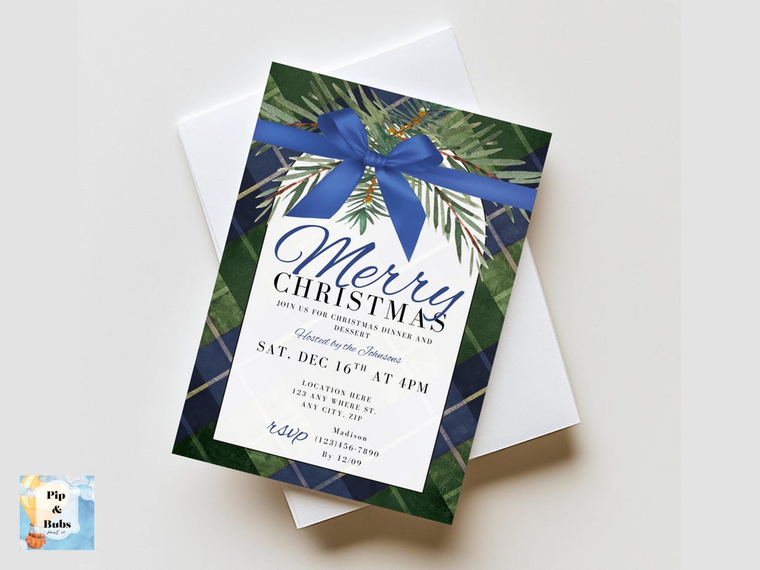 Navy Blue and Green Tartan Plaid Christmas Dinner Invitation Template ...