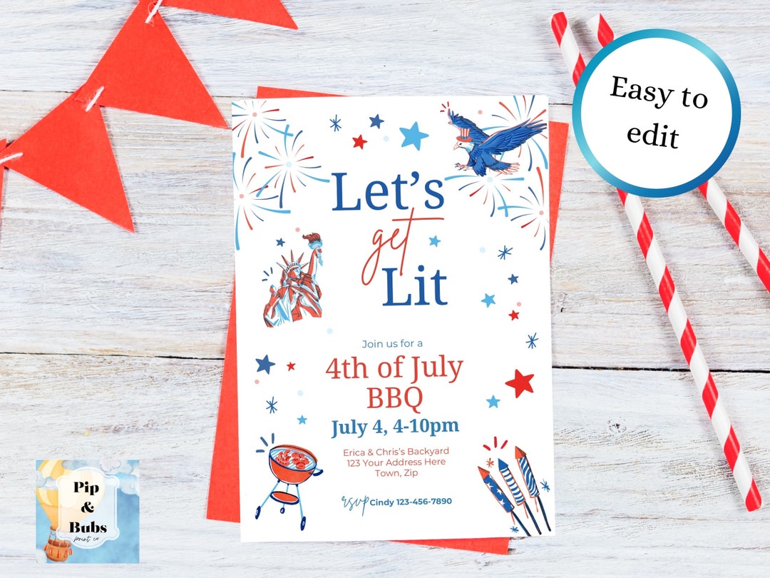 Fourth of July Editable Invitation Let’s Get Lit Party Invite 4th of ...