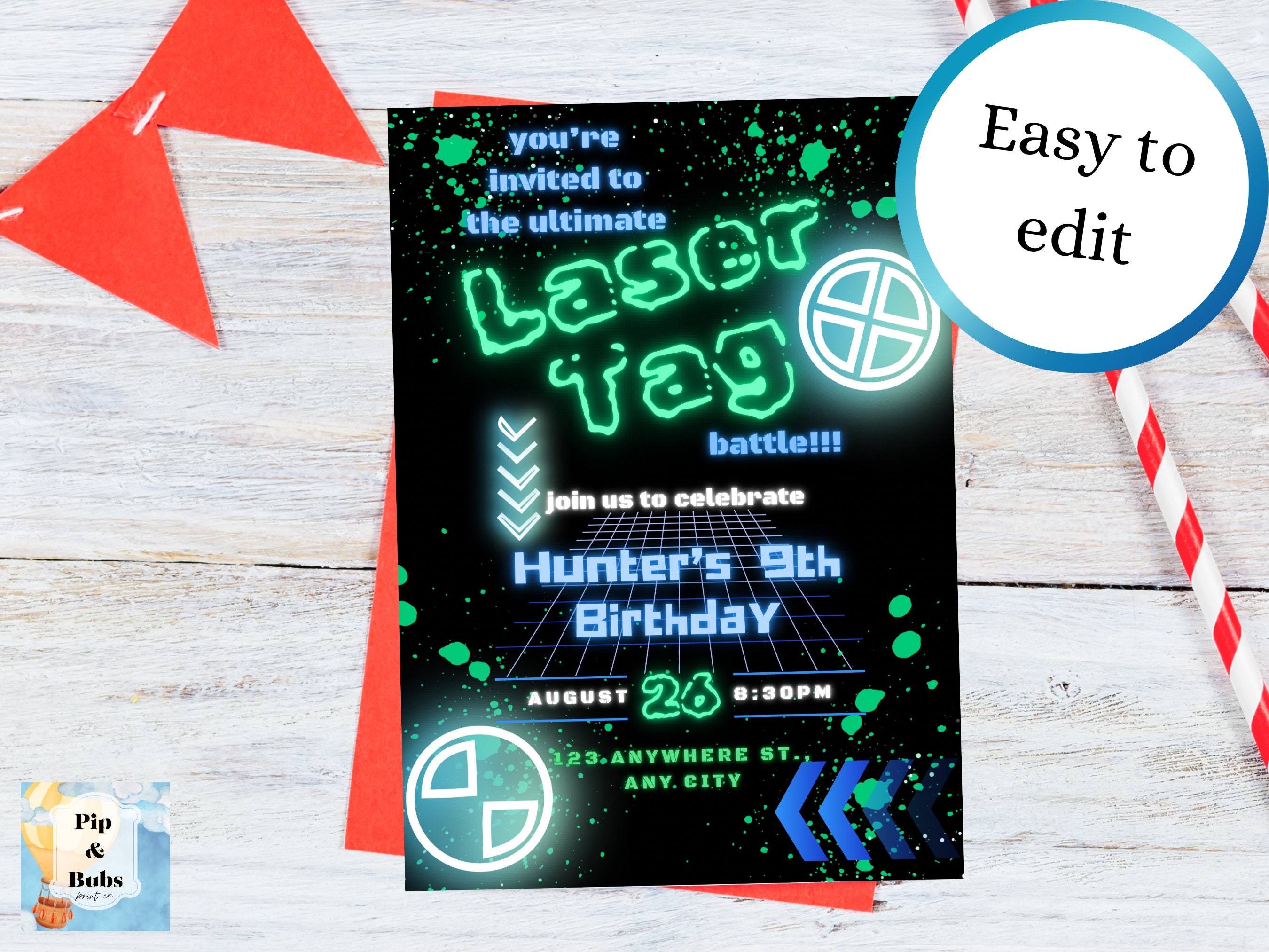 Laser Tag Party Editable Invitations Printable Invites Blue and Green ...