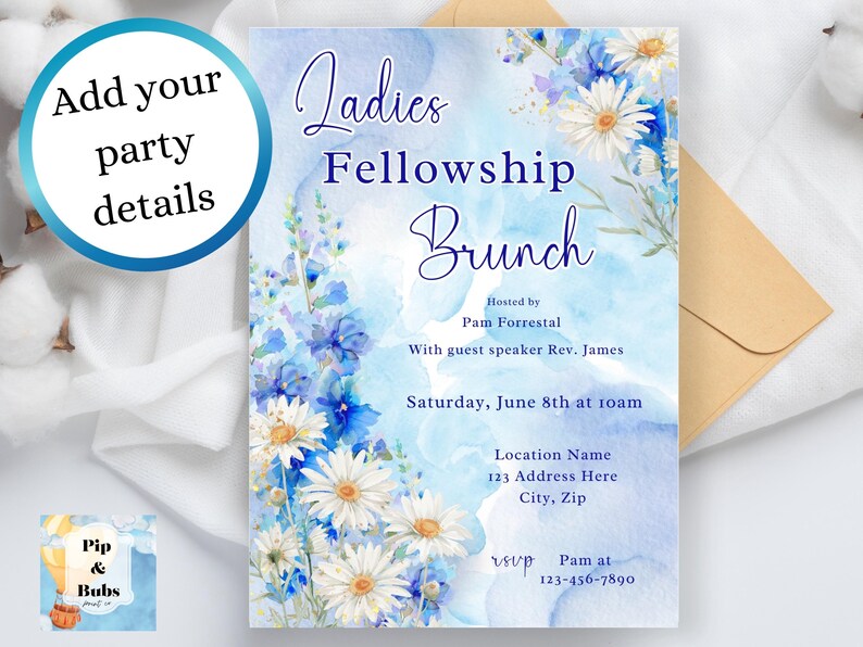 Womens Fellowship Editable Invitation Ladies Brunch Daisy Blue ...
